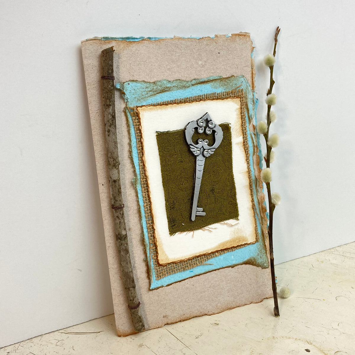 Art Journal with Handmade Paper Cover featuring a Vintage-style Key, V ...